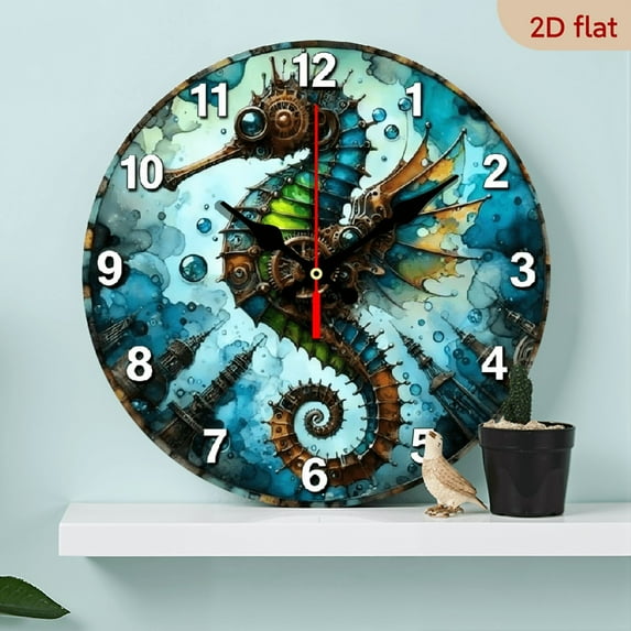 A 10-inch 2D flat "Mechanical Seahorse" themed wooden silent wall clock ...
