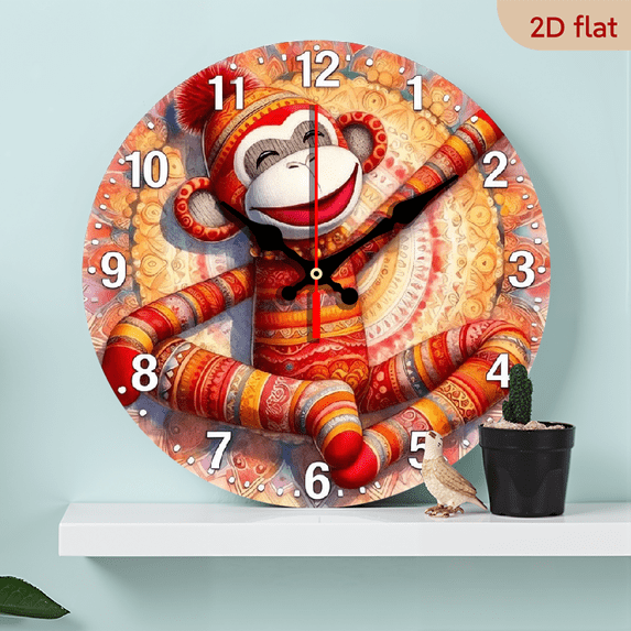 A 10-inch 2D flat "Monkey Doll" theme wooden circular wall clock ...