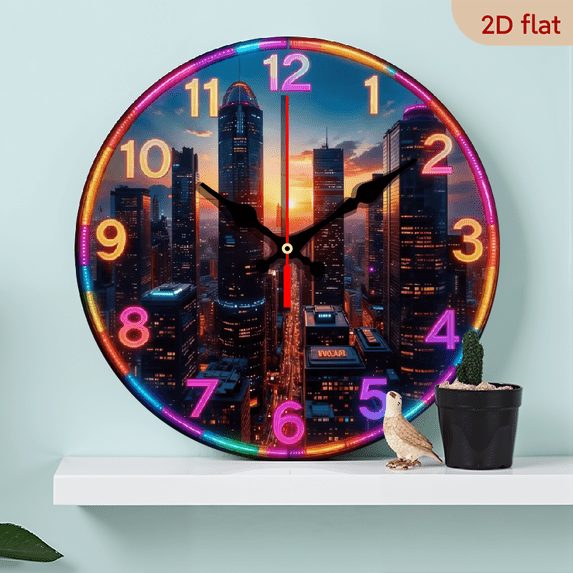 A 10-inch 2D flat "Neon City" theme wooden silent round wall clock ...