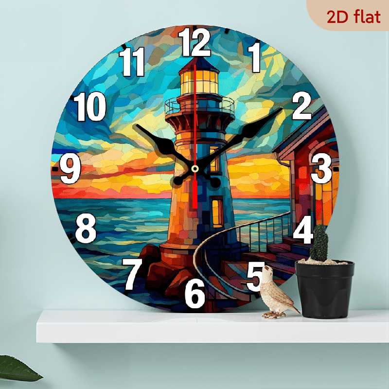 A 10-inch 2D flat "Oil Painting Lighthouse" themed wooden circular wall ...