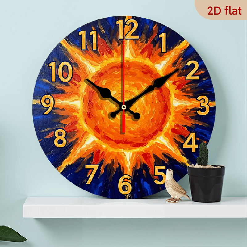 A 10-inch 2D flat "Oil Painting Sun" themed wooden circular wall clock ...