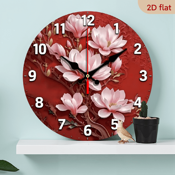 A 10-inch 2D flat "Pink Peach Blossom" themed wooden silent wall clock ...
