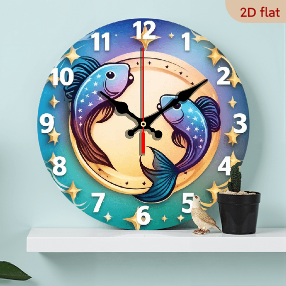 A 10-inch 2D flat "Pretty Pisces" themed wooden silent wall clock. It ...