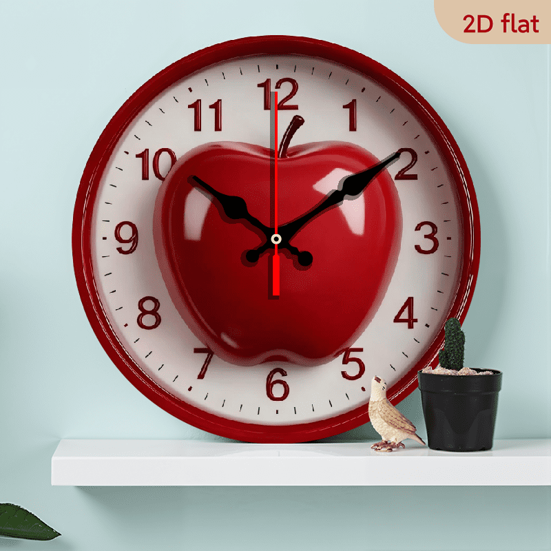 A 10-inch 2D flat "Red Apple" theme wooden circular wall clock ...