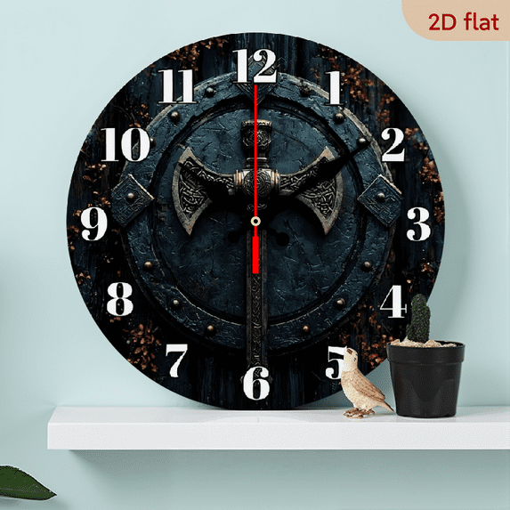 A 10-inch 2D flat "Retro Axe" themed wooden silent wall clock. It is an ...