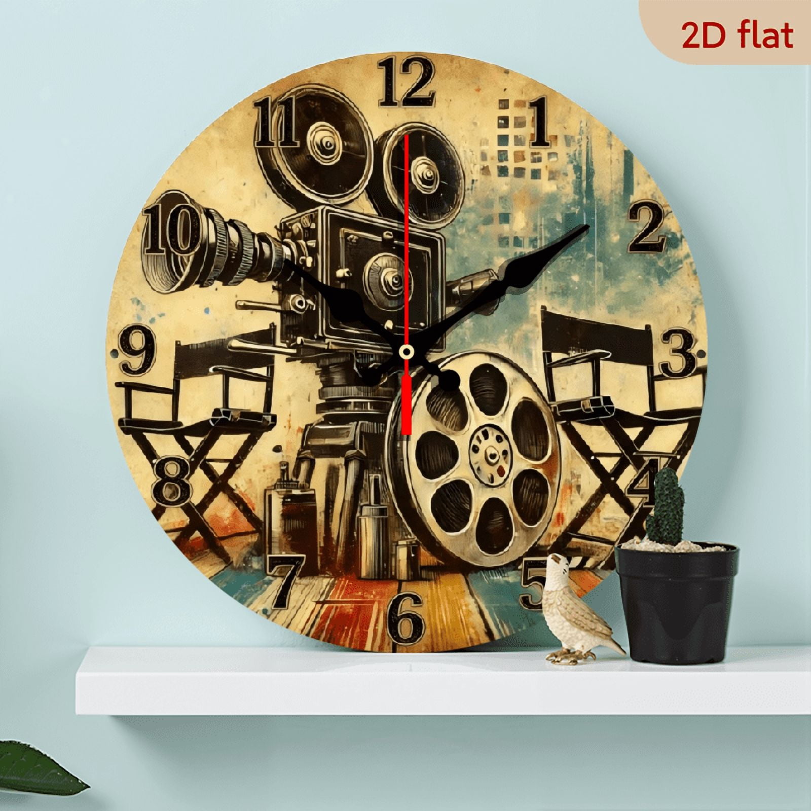 A 10-inch 2D flat "Retro Projector" themed wooden circular wall clock ...