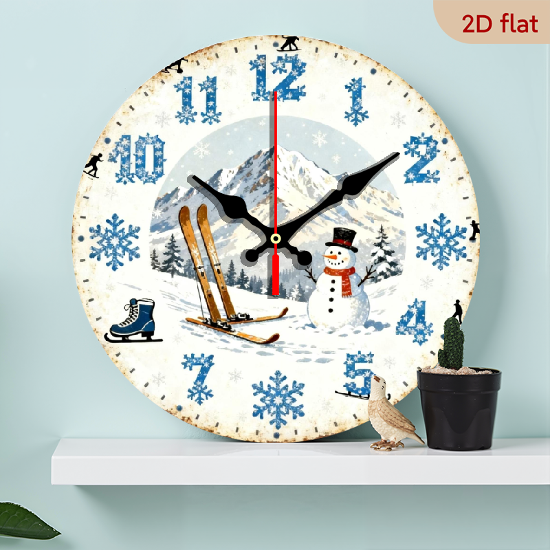 A 10-inch 2D flat "Skiing" theme wooden circular wall clock, suitable ...