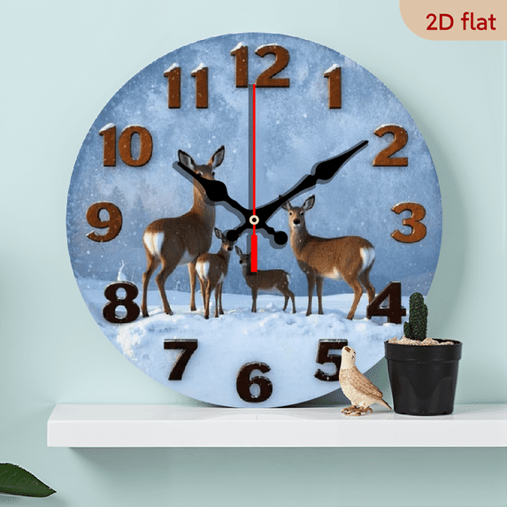 A 10-inch 2D flat "Snow Deer" theme wooden silent round wall clock. It ...