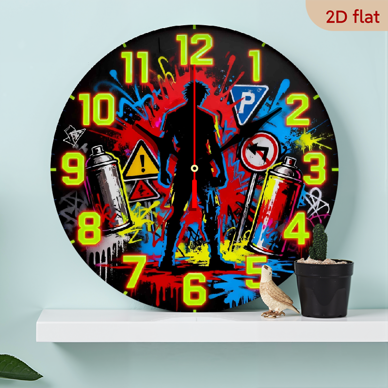 A 10-inch 2D flat "Street Graffiti" theme wooden circular wall clock ...