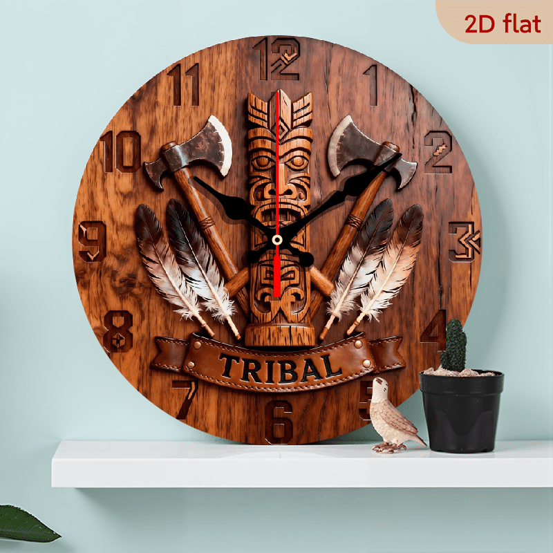 A 10-inch 2D flat "Tribal Symbol" theme wooden silent wall clock. It is ...