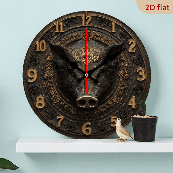 10-inch 2D flat "Tribal Wild Boar" theme wooden silent wall clock ...