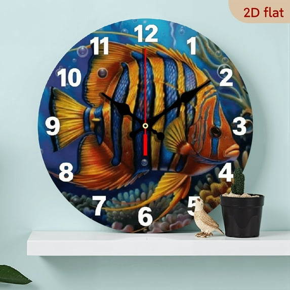 A 10-inch 2D flat "Tropical Fish" themed wooden silent wall clock. It ...