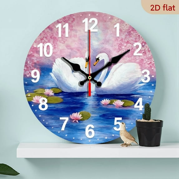 A 10-inch 2D flat "Two White Swans" themed wooden silent wall clock is ...
