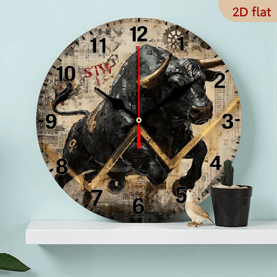 10-inch 2D flat "Vintage Black Cow" theme wooden circular silent wall ...