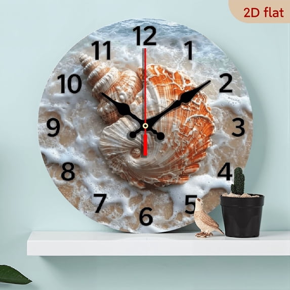 A 10-inch 2D flat "Wave Shell" theme wooden silent round wall clock ...