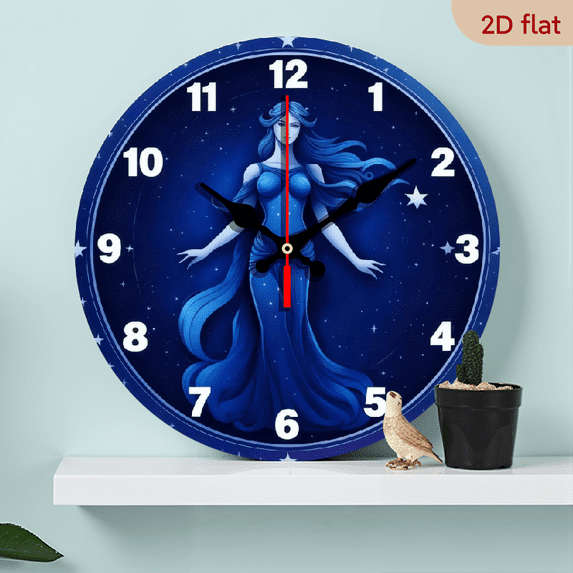 A 10-inch 2D flat wooden circular clock with a "Blue Goddess" theme ...