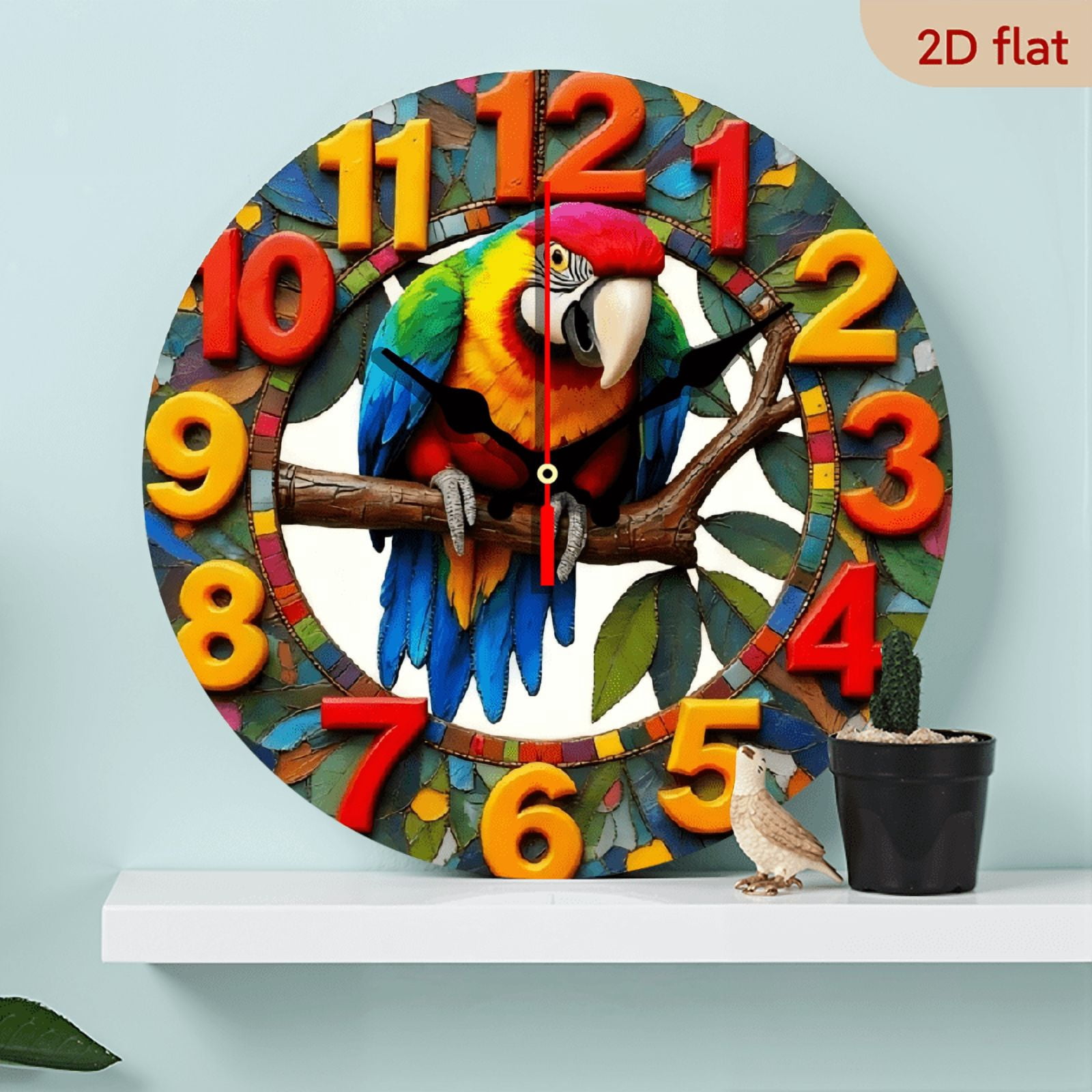 A 10-inch 2D flat wooden circular clock with a "Pretty Parrot" theme ...