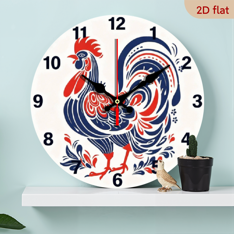 A 10-inch 2D flat wooden circular clock with a "Pretty Rooster" theme ...