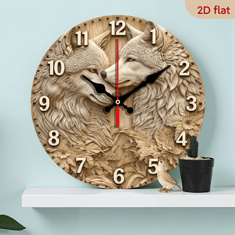 A 10-inch 2D flat wooden circular clock with a "Two Close Wolves" theme ...