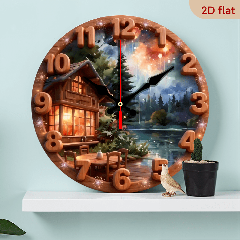A 10-inch 2D flat wooden circular clock with a "Warm Little House ...