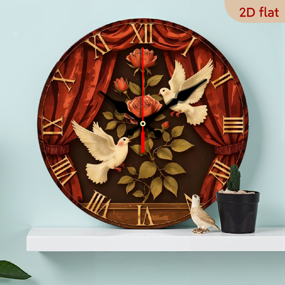 A 10-inch 2D flat wooden circular clock with a "White Dove and Rose ...