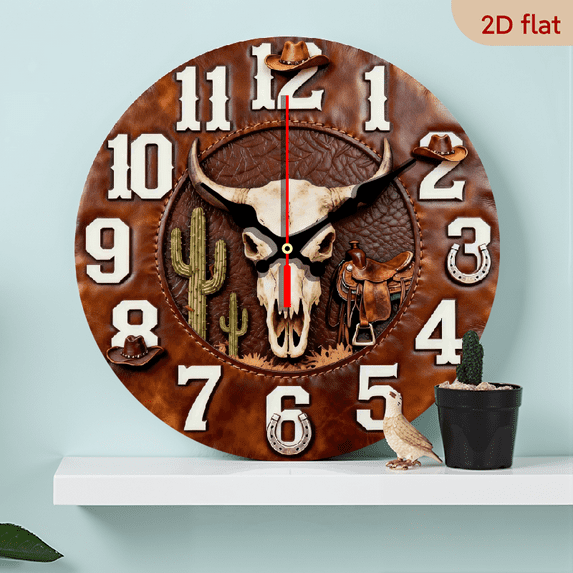 A 10-inch 2D flat wooden circular clock with a "Wild West Style" theme ...
