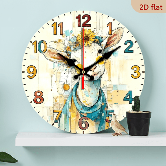 A 10-inch 2D flat wooden round wall clock, themed "Artistic sheep ...