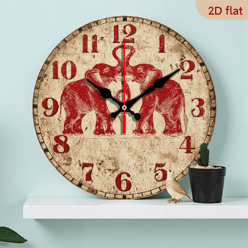 A 10-inch 2D flat wooden round wall clock, themed "Red Vintage ...