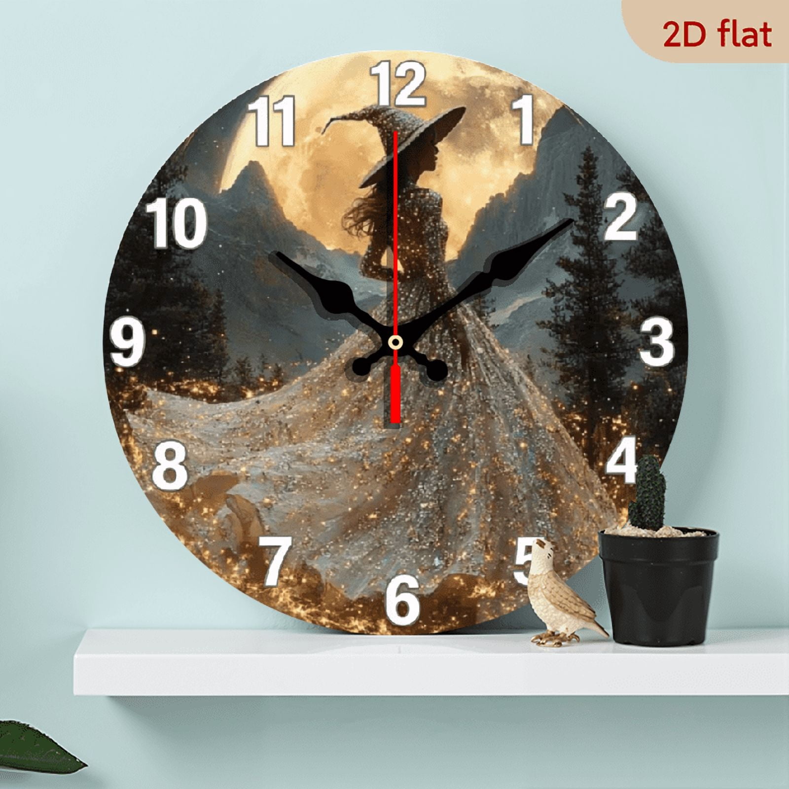 A 10-inch 2D flat wooden round wall clock, themed Witchy Moonlight ...