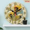 A 10-inch 2D flat wooden round wall clock, themed "Yellow dandelions ...
