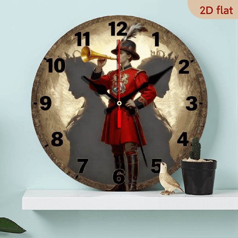 A 10-inch 2D flat wooden silent circular wall clock with a "Knight with ...