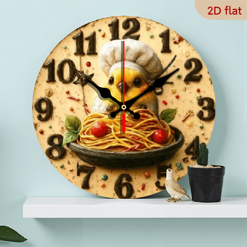 A 10-inch 2D flat wooden silent round wall clock with a "Bird and Pasta ...