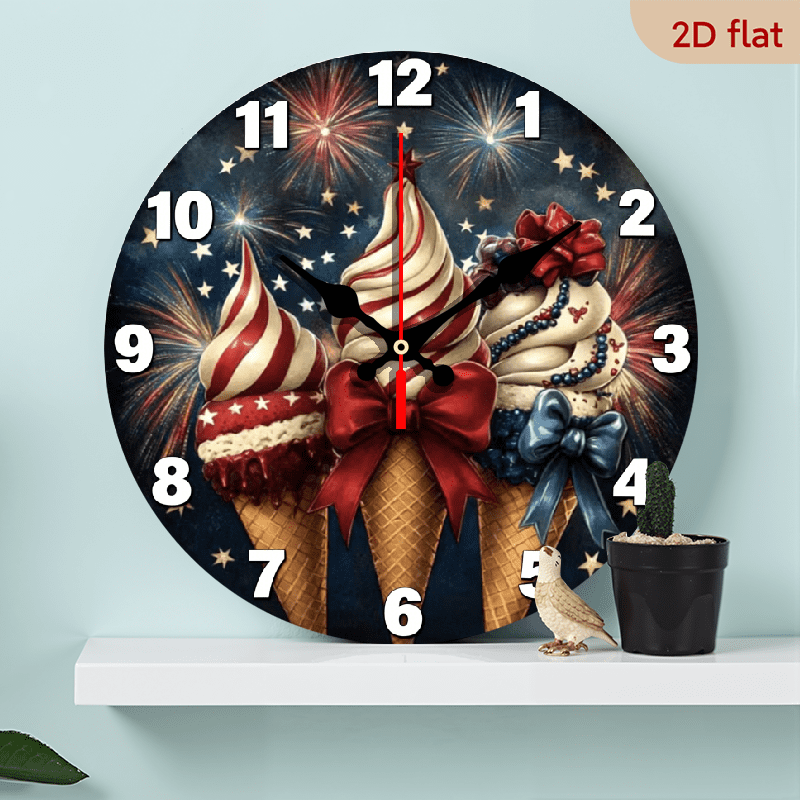 A 10-inch 2D flat wooden silent round wall clock with a "Delightful Ice ...