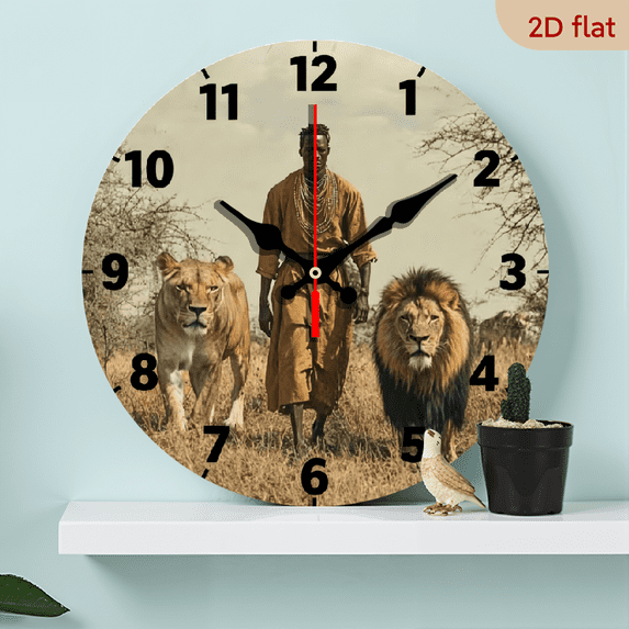 A 10-inch 2D flat wooden silent round wall clock with a "Wilderness ...