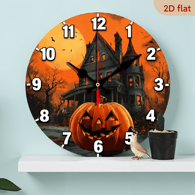 A 10-inch 2D flat wooden silent wall clock with a "Scary Pumpkin Castle ...