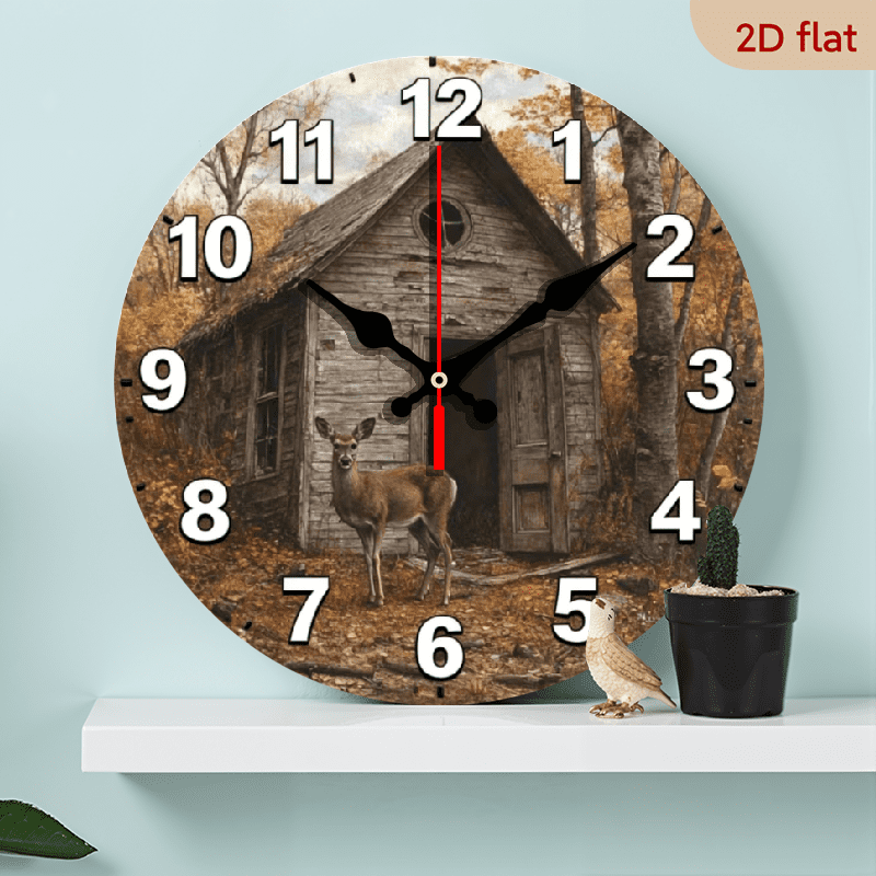 A 10-inch 2D flat wooden silent wall clock with the theme of "Red Deer ...
