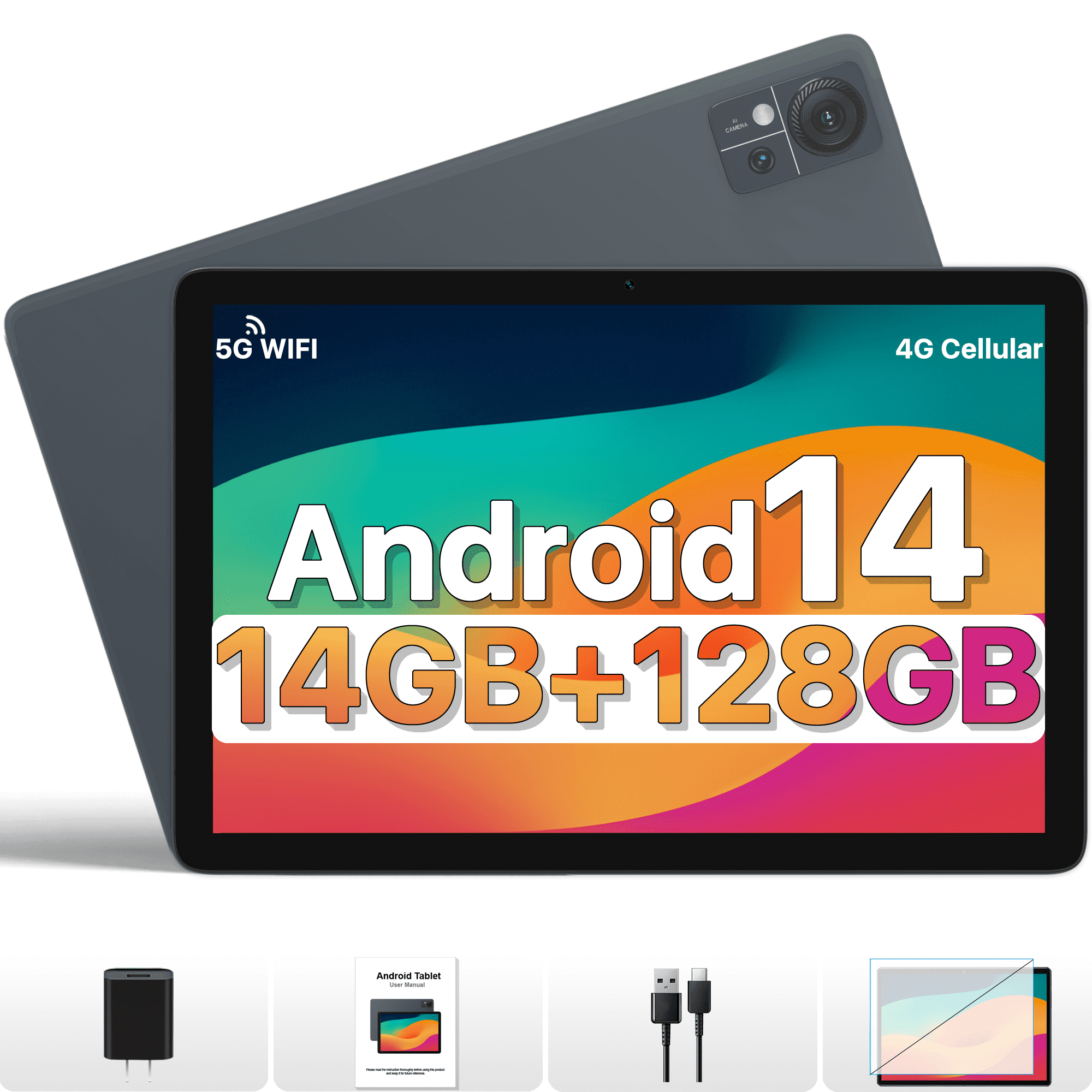 10 inch Android 14 Tablet, 14GB RAM 128GB ROM 1TB Expand, 4G LTE and 5G ...