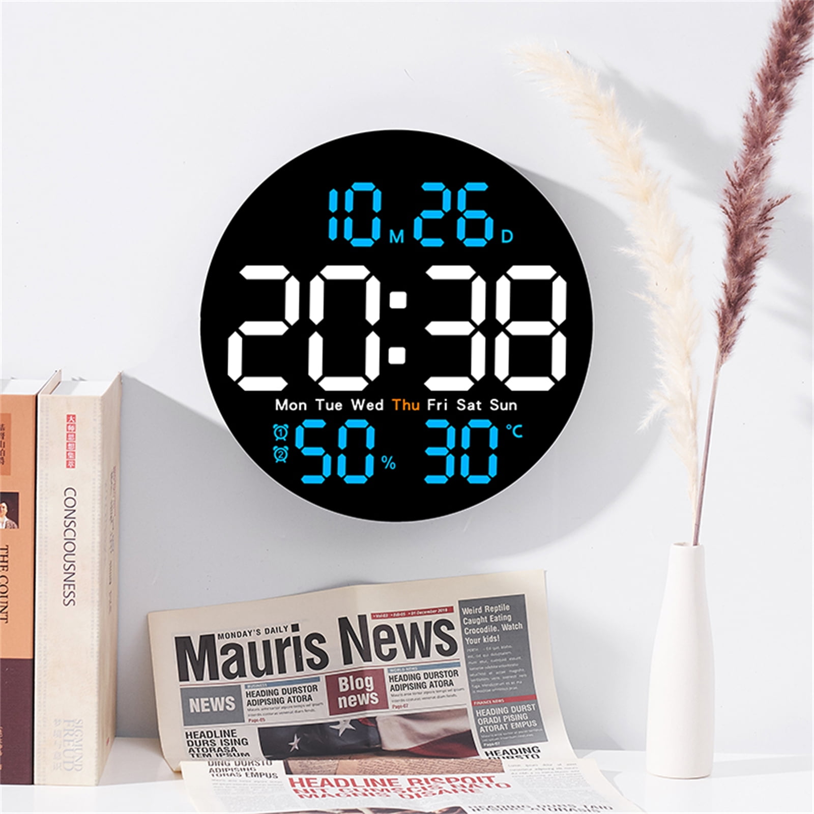 10-inch Full Screen Multi-Function Led Digital Wall Clock,Black Shell White Ice Blue Digital ...