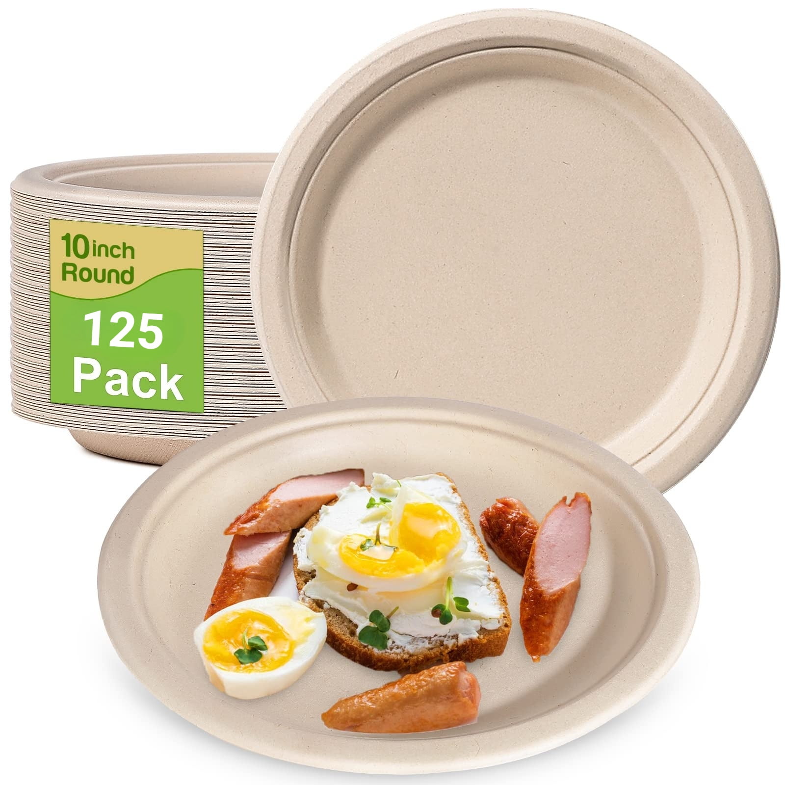 10 inch Paper Plates, 125 Pack Compostable Paper Plates Heavy Duty ...
