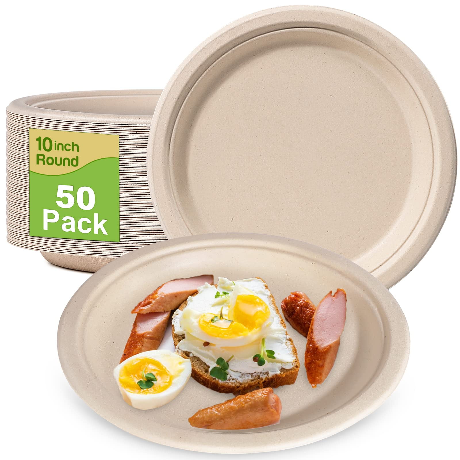 10 inch Paper Plates, 50 Pack Compostable Paper Plates Heavy Duty ...