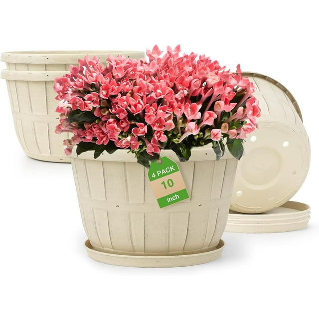 10 inch Plastic Flower Pots for Indoor Plants，4 Pack Large Outdoor ...