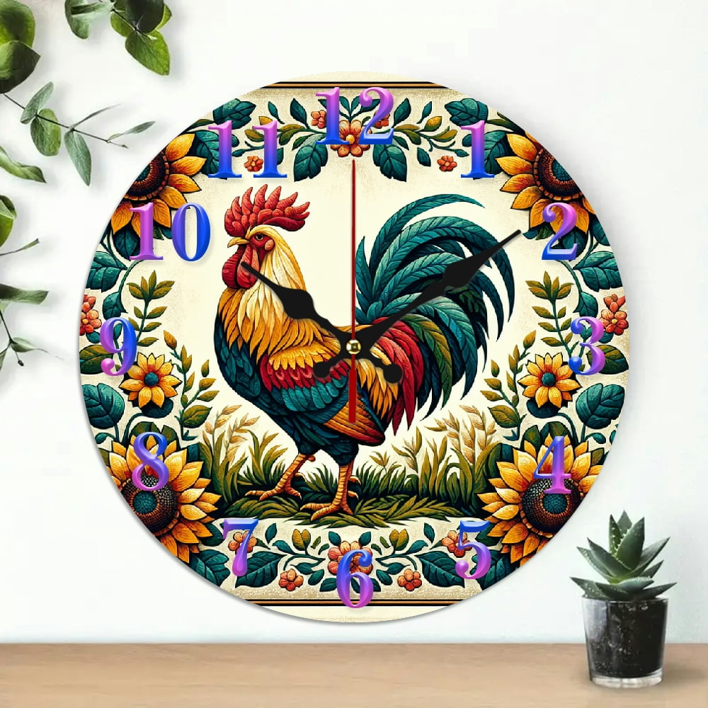10 inch Round Clock, Rooster sunflowers leaves Print, Battery Operated ...