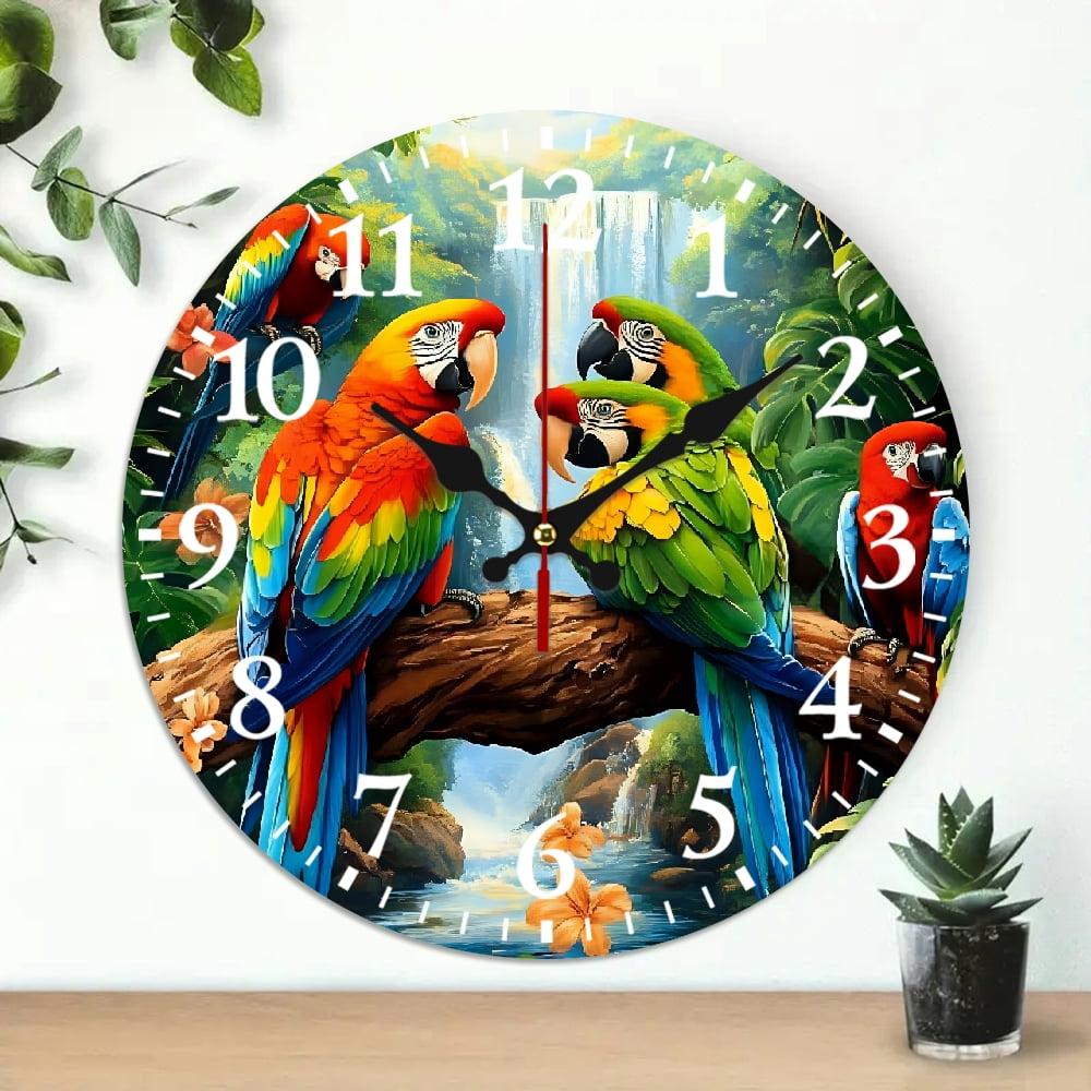 10 inch Round Wooden Wall Clock for Home Decor, Parrots, tree branch ...
