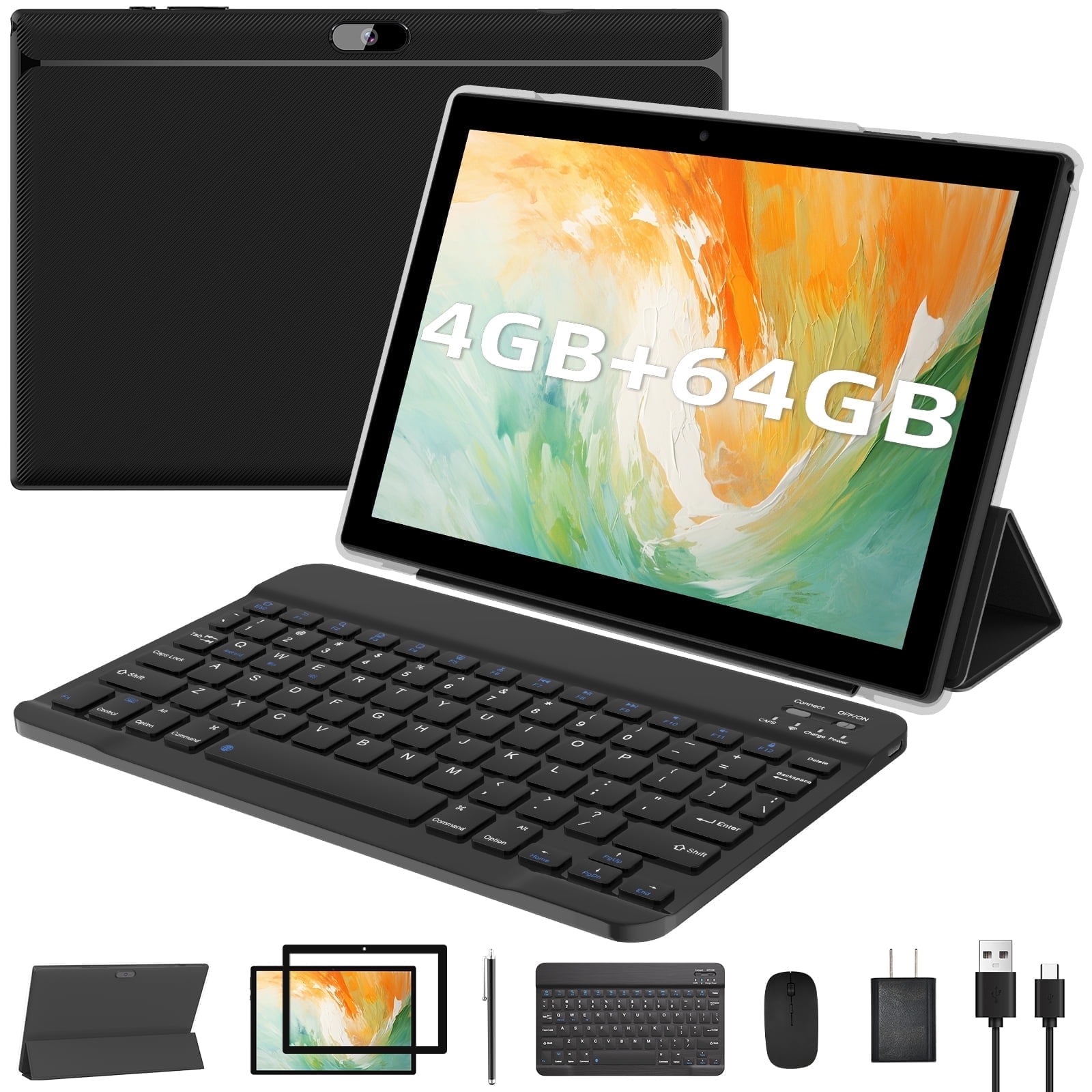 10'' Android Tablet PC, 2 in 1 with Keyboard, 4GB+64GB Quad Core, 1280* ...