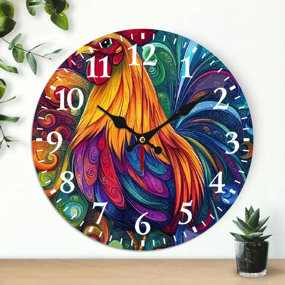 10 inch Wall Clock, Rooster swirls colorful background Print, Silent ...