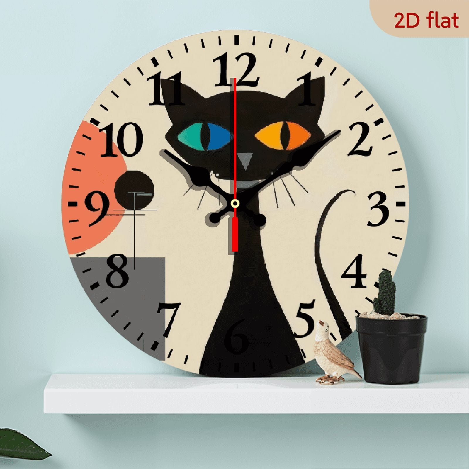 A 10-inch wall-mounted clock, featuring an art design of a black cat ...
