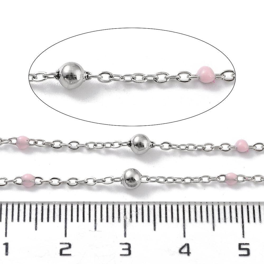 10 m 304 Stainless Steel Cable Chain with Enamel Soldered Pink Beads: 3 ...