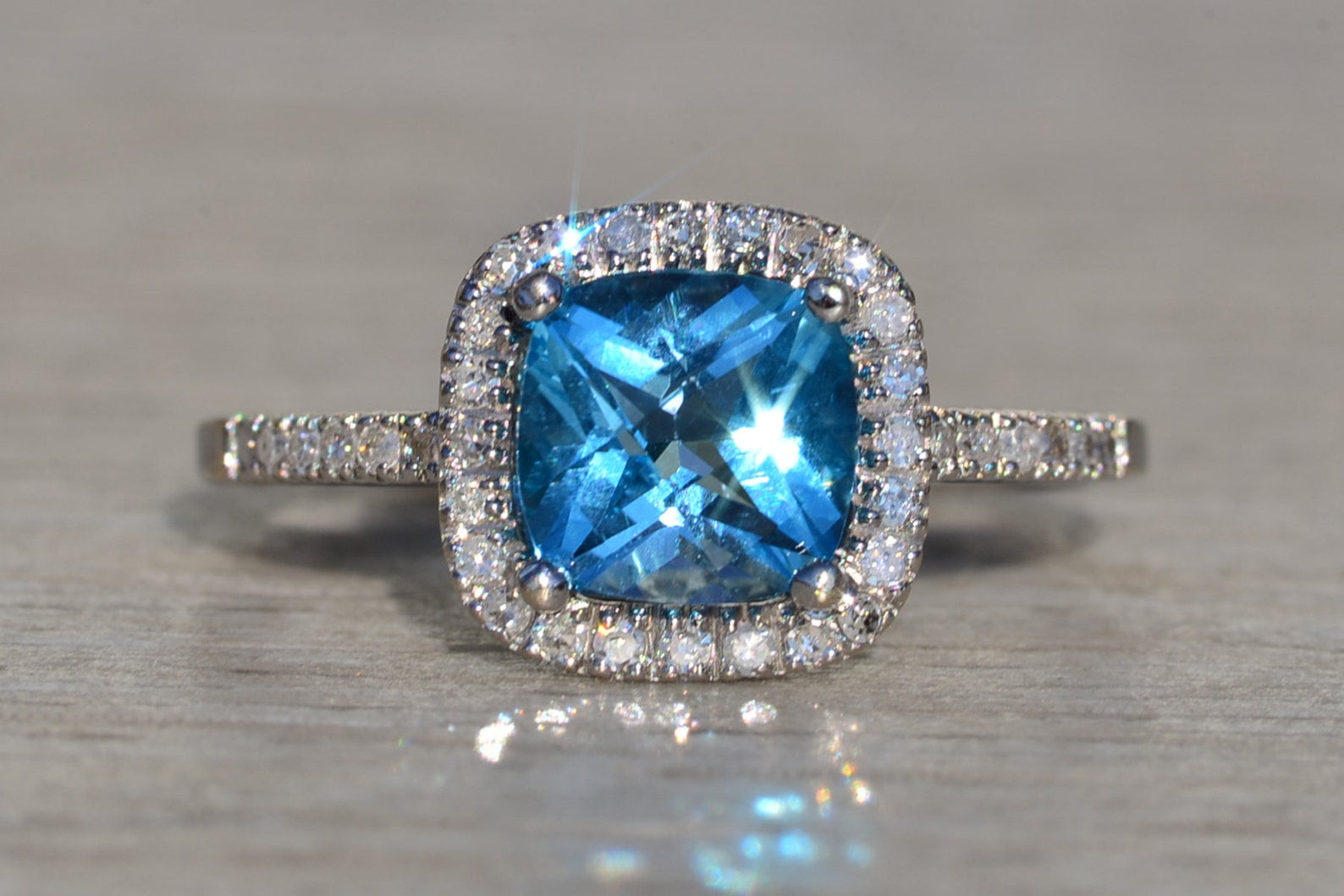 10 mm Cushion Cut Sky Blue Topaz Ring, Silver Halo Engagement Ring ...