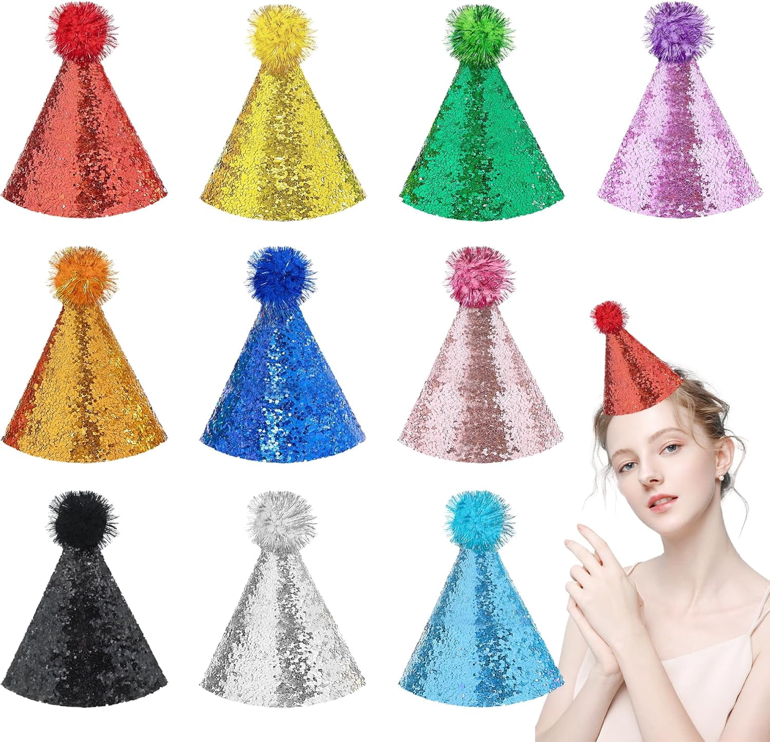 10 or 20 Pcs Kids Party Hats Birthday Party Hats with Pom Poms Glitter ...