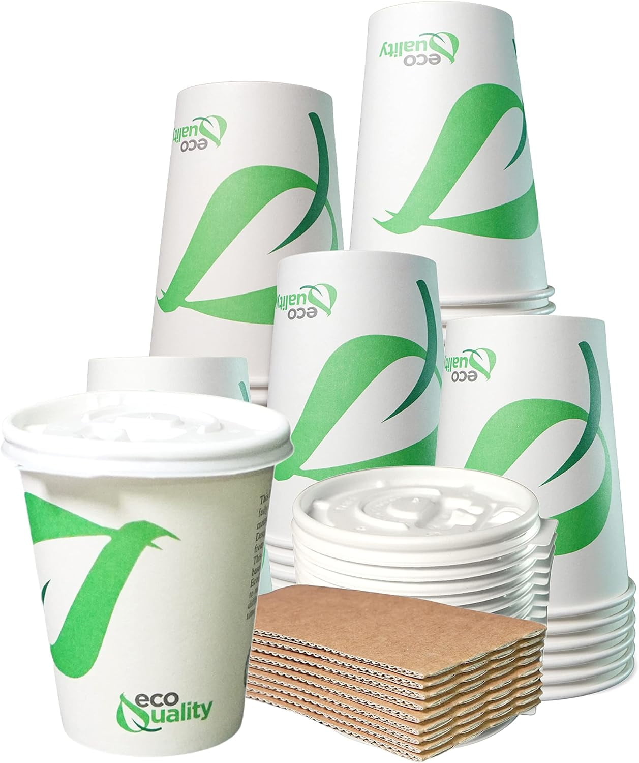 10 oz Compostable Paper Cups with White Flat Lids and Sleeves - Biodegradable Disposable White ...